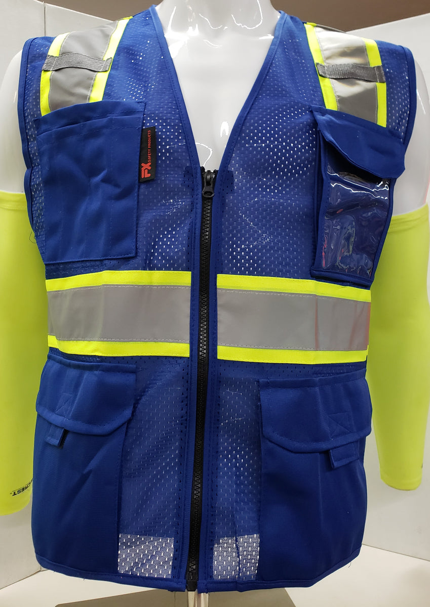 FX Two Tone Royal Blue Safety Vest with 6 Pockets with clear ID Pocket ...