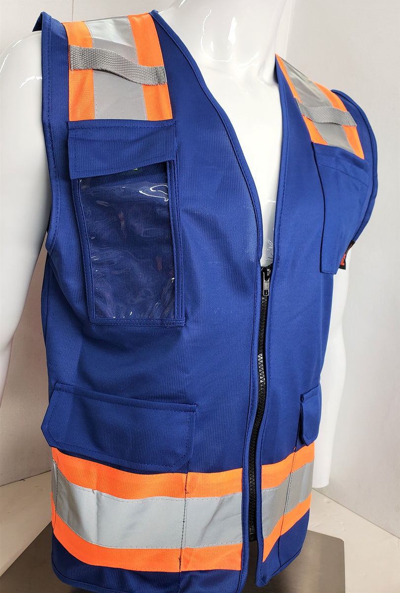 FX Two Tone Blue Safety Vest with clear ID Pocket (Knitted Fabric Fron ...